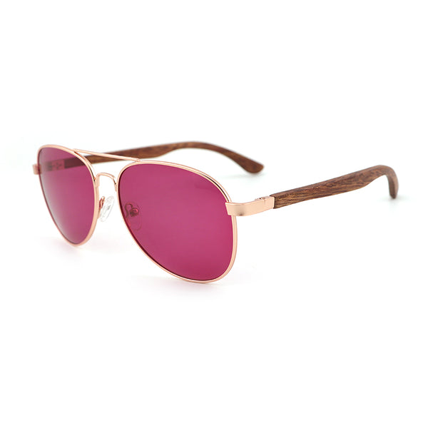 MAVERICK ROSE PINK Aviator Sunglasses Polarised Lens Wooden Arms ...